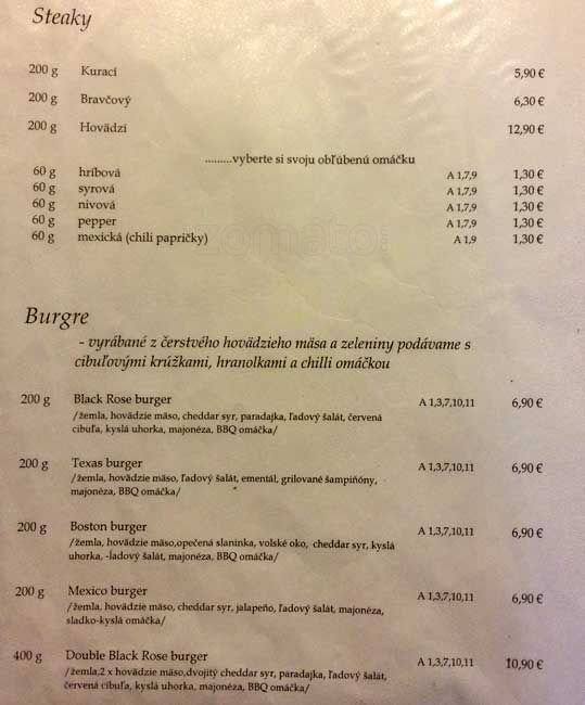 Menu at Reštaurácia Black Rose restaurant, Bratislava, Harmincova 3211 ...