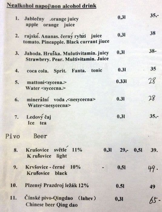 Menu at Jin Yan Jiu Jia restaurant, Prague