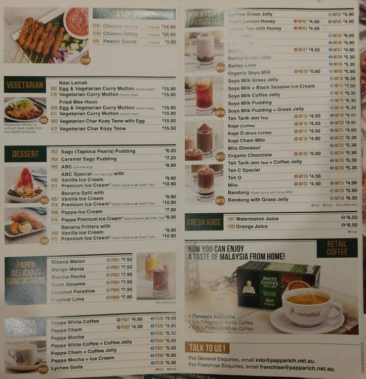 Menu at PappaRich restaurant, Sydney, Market St