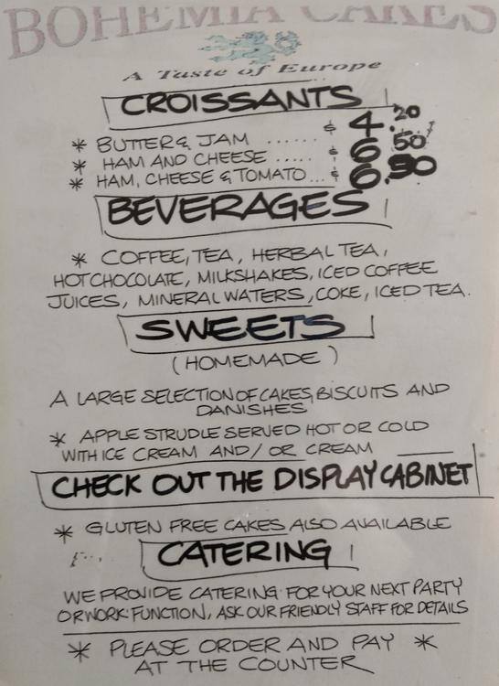 Menu at Bohemia Cakes restaurant, Highett