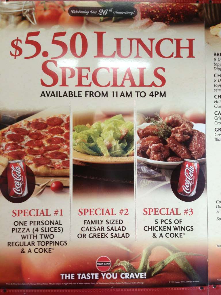 Menu at Pizza Bank pizzeria, Calgary, 90 Ave SW E185