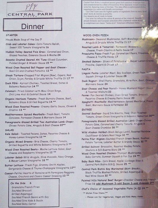 Menu at Central Park Bistro pizzeria, San Mateo