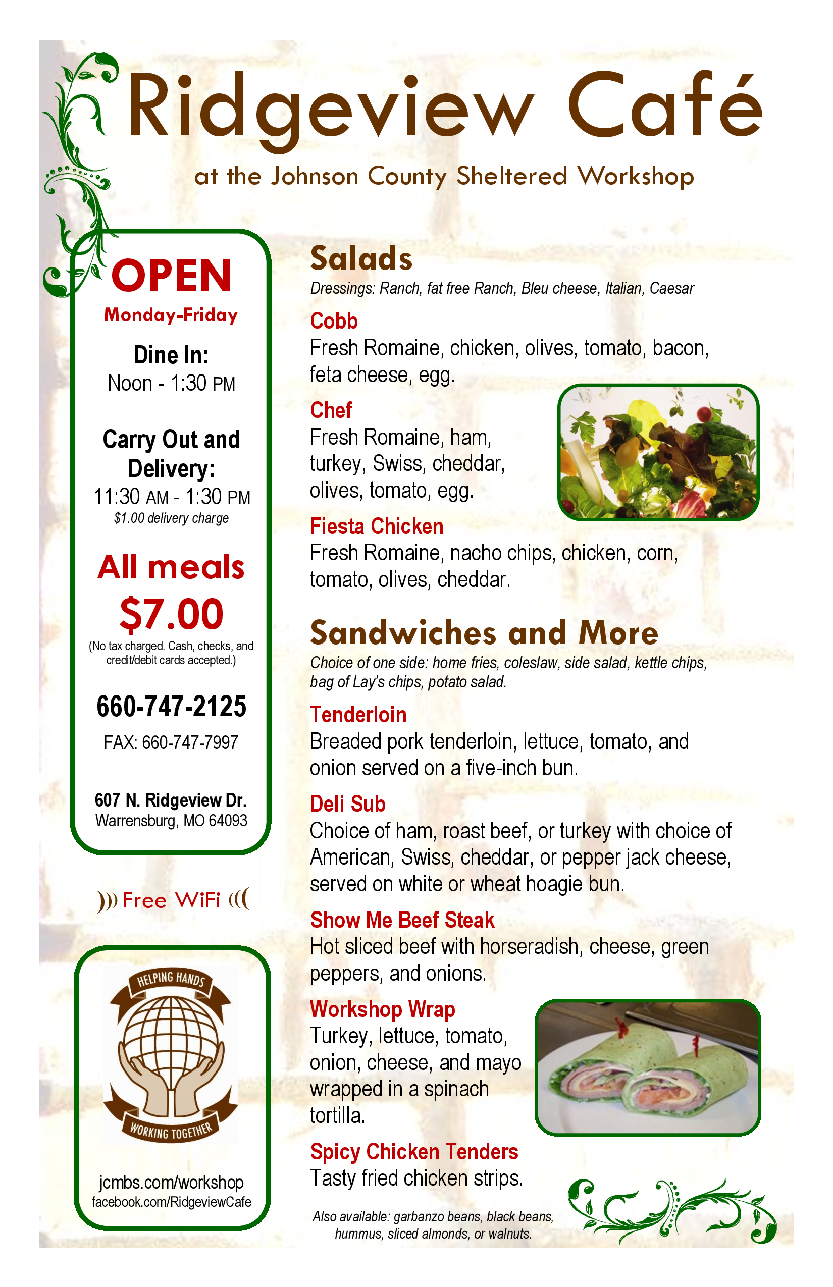 Menu at Ridgeview Cafe, Warrensburg