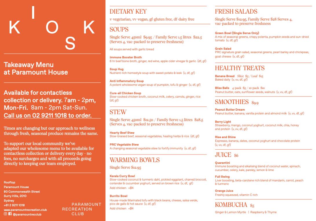 Menu at Paramount Recreation Club Kiosk, Surry Hills