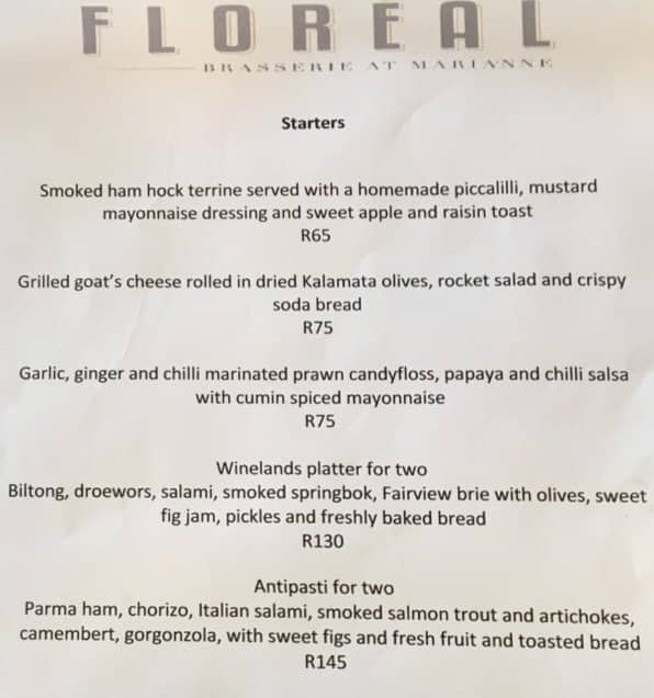 Menu at Floreal Brasserie, Cape Town