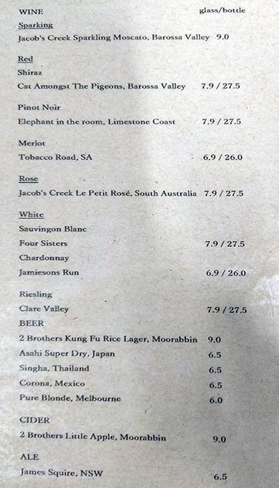 Menu at SIBLING SPICE cafe, Carnegie