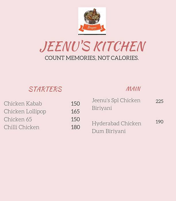Menu of Jeenu's Kitchen, Whitefield, Bangalore