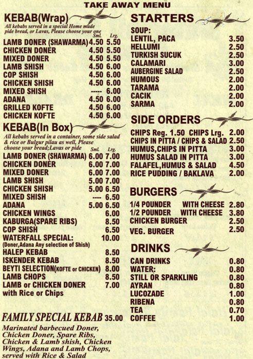 Menu at Waterfall Kebab Centre restaurant, London