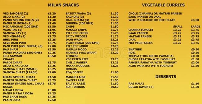 Menu at Milan restaurant, Birmingham, 238 Soho Road