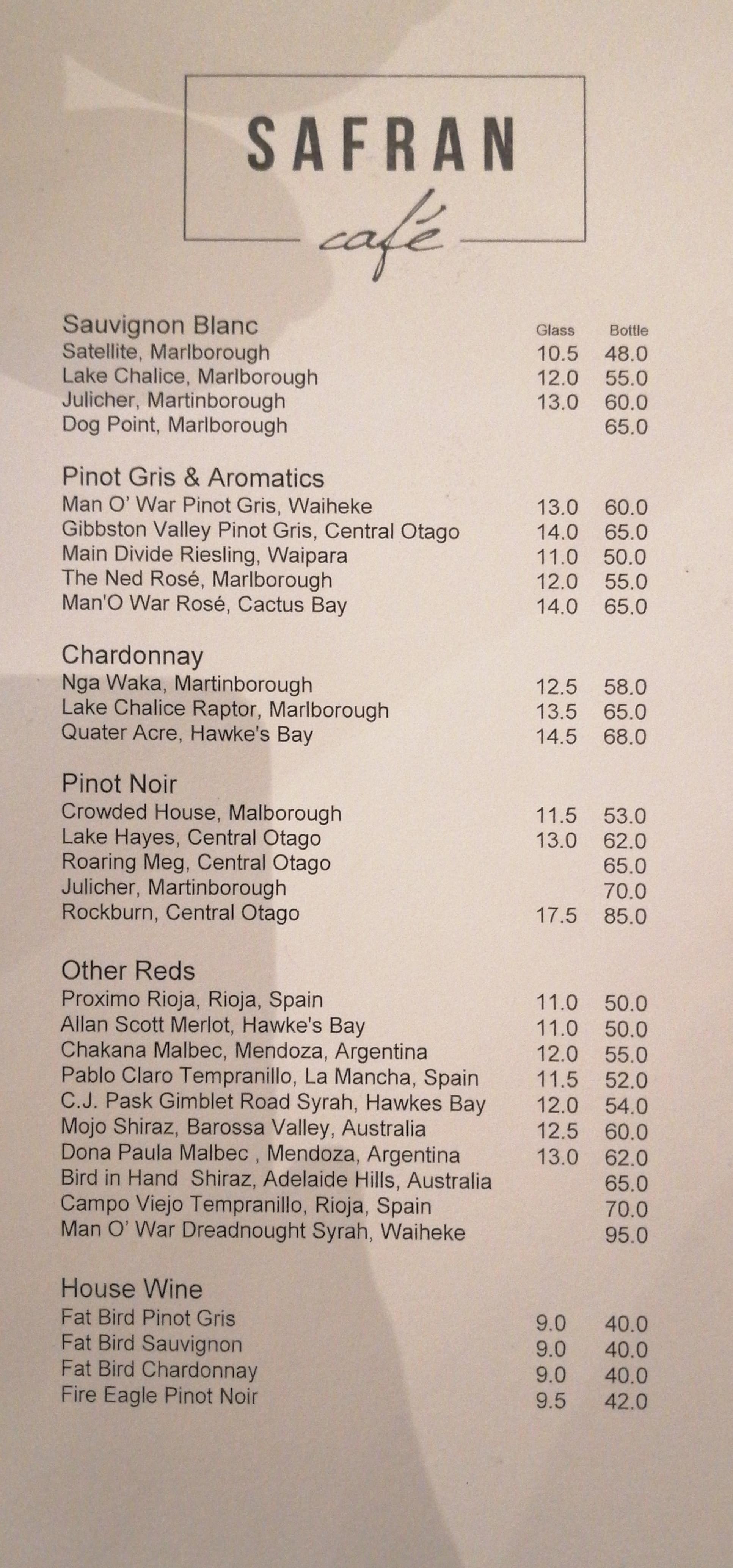 Menu at Safran Cafe, Auckland