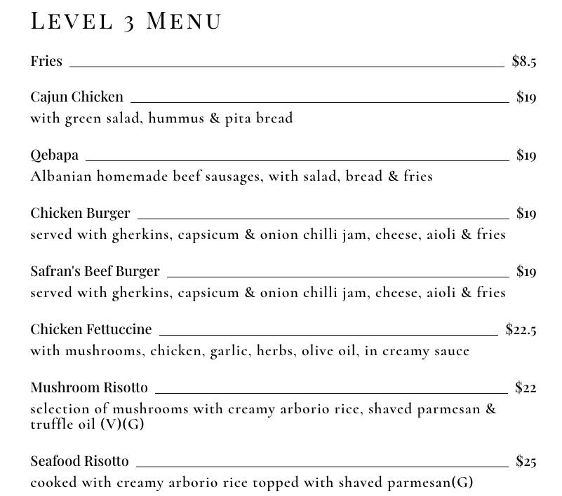 Menu at Safran Cafe, Auckland