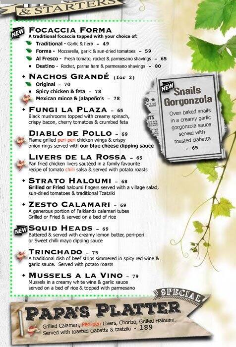 Menu at Papachinos Silverlakes restaurant, Pretoria, Graham Rd