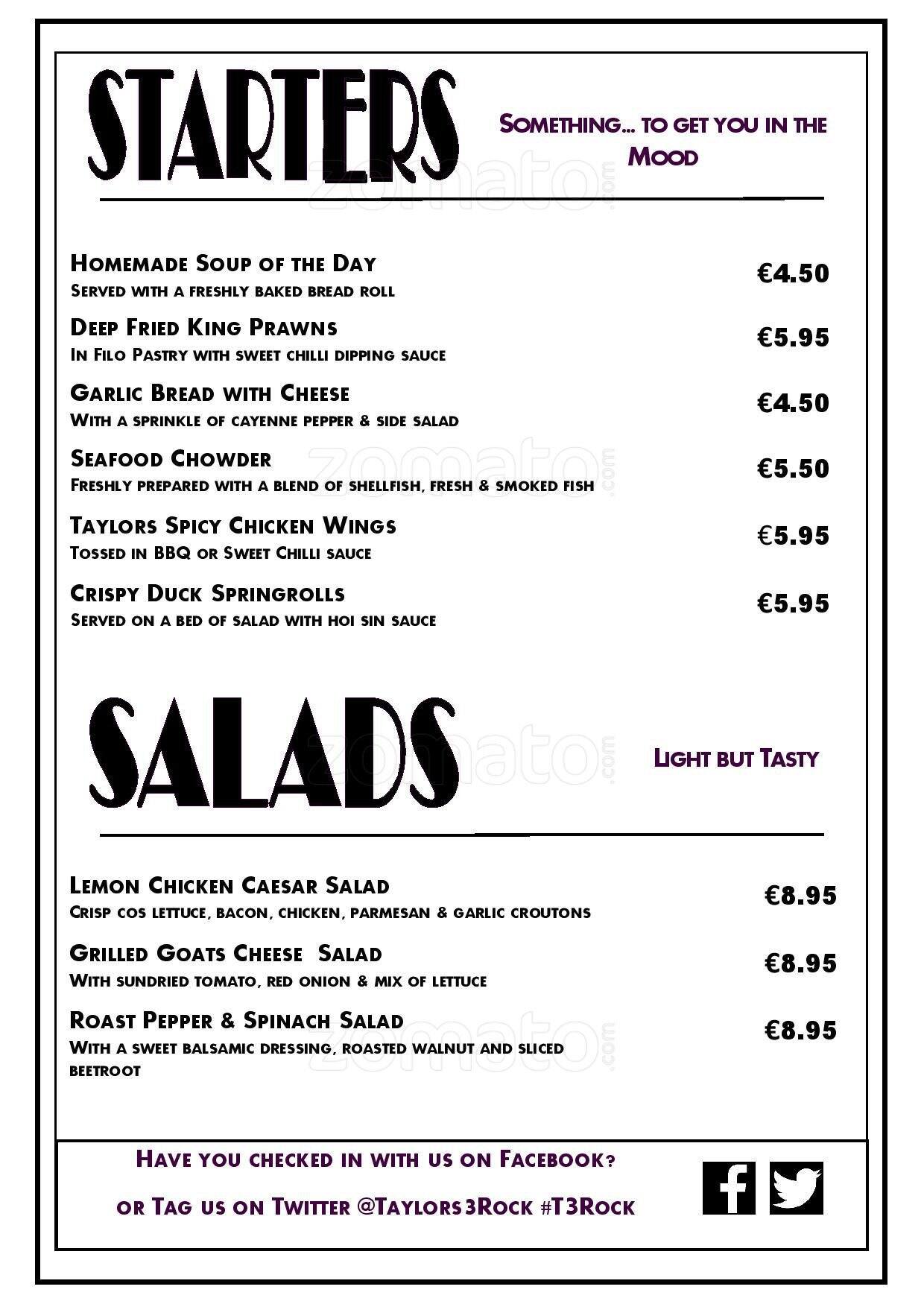 Menu at Three rock pub, Dublin, Taylors Hill