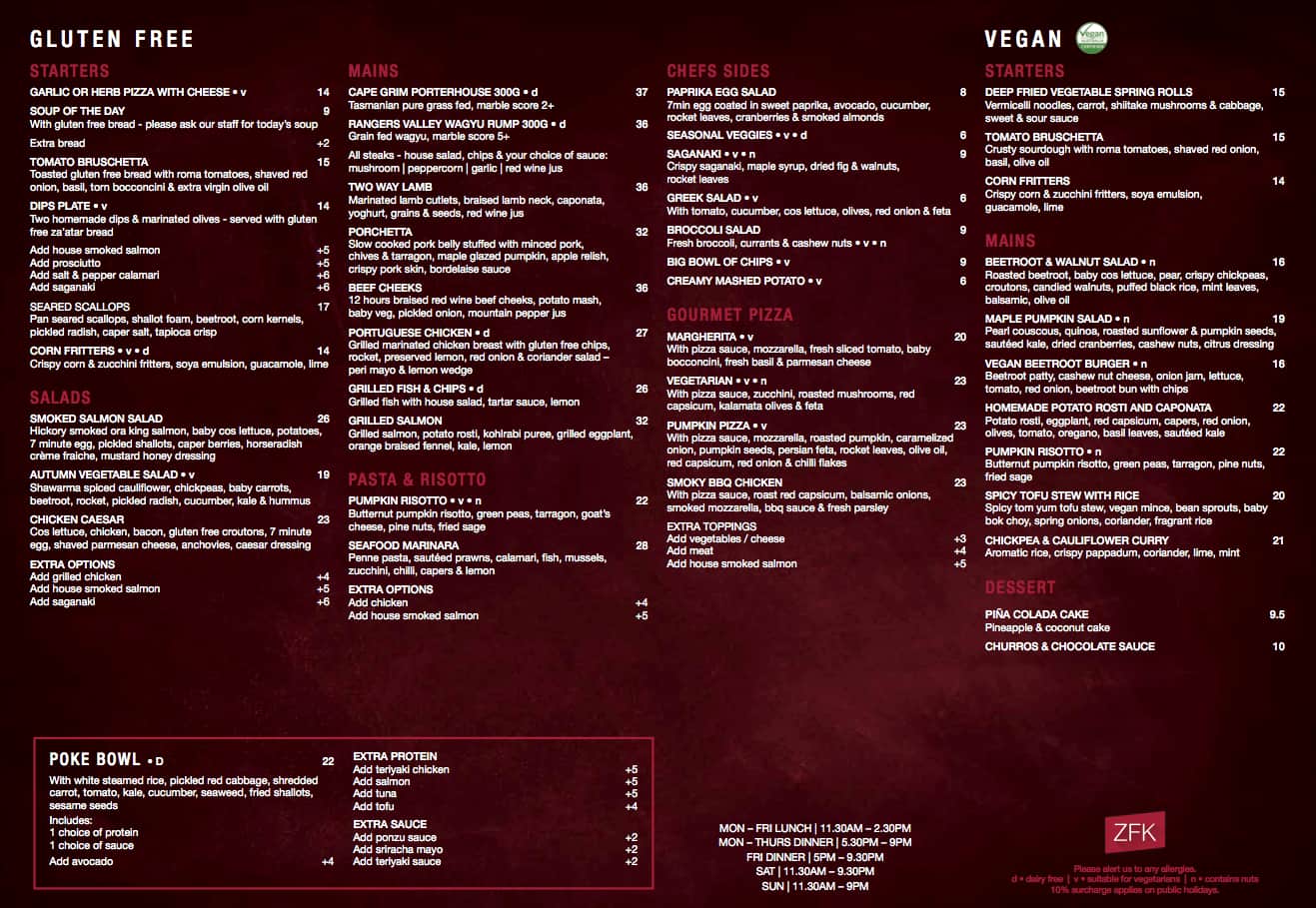 Menu at Zagame's Caulfield Hotel restaurant, Caulfield East