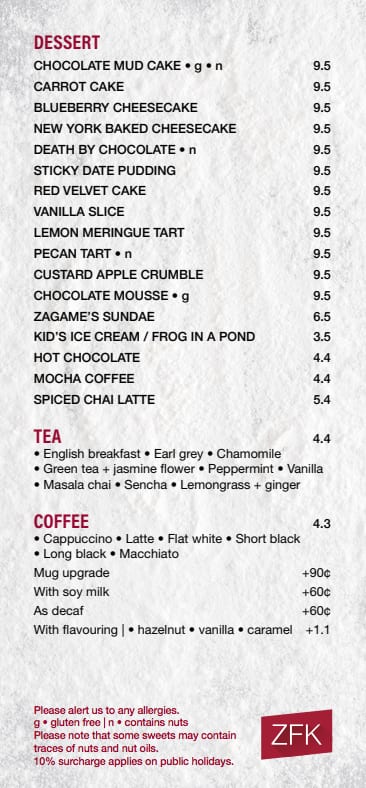 Menu at Zagame's Caulfield Hotel restaurant, Caulfield East