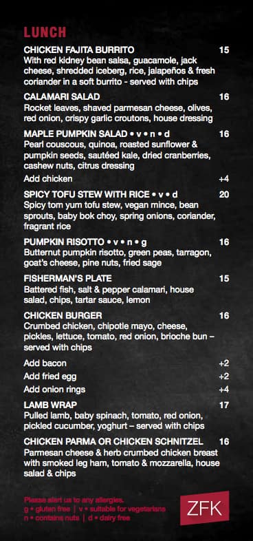 Menu at Zagame's Caulfield Hotel restaurant, Caulfield East