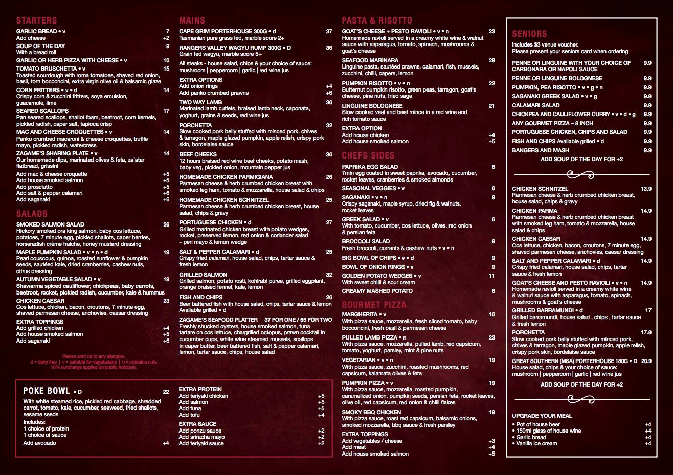 Menu at Zagame's Caulfield Hotel restaurant, Caulfield East