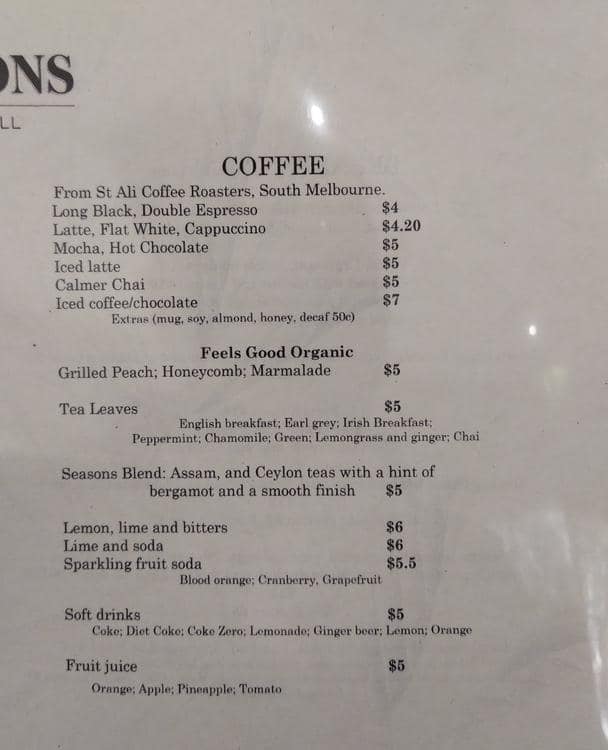 Menu at Seasons Restaurant, Olinda