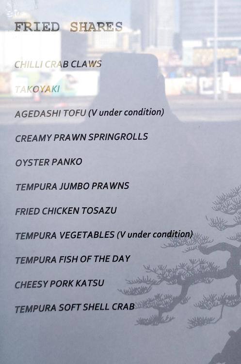 Menu at The Bonsai restaurant, Northbridge