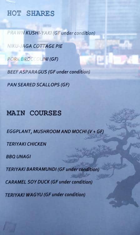 Menu at The Bonsai restaurant, Northbridge