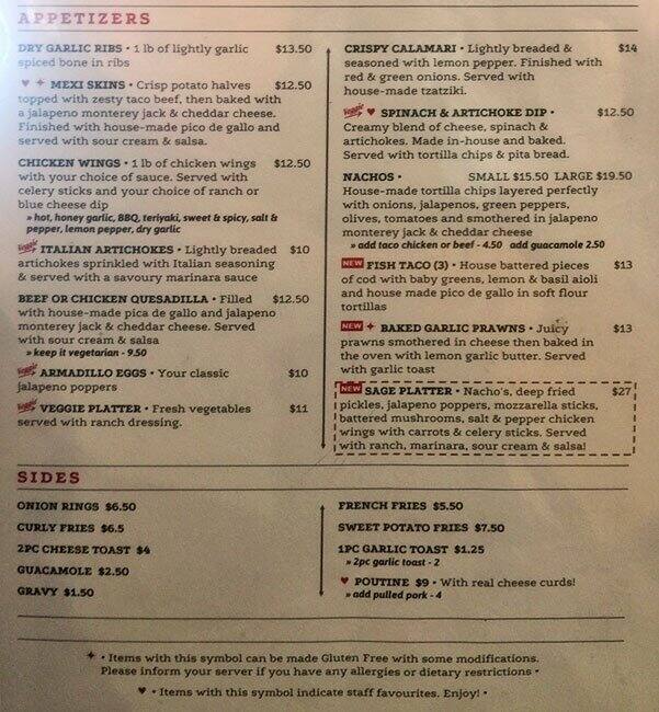 Menu at The Sage Pub, Osoyoos