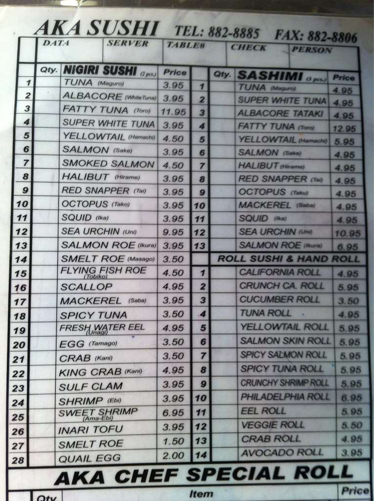 Menu at Aka Sushi & Sake Bar, Corpus Christi, 415 N Water St