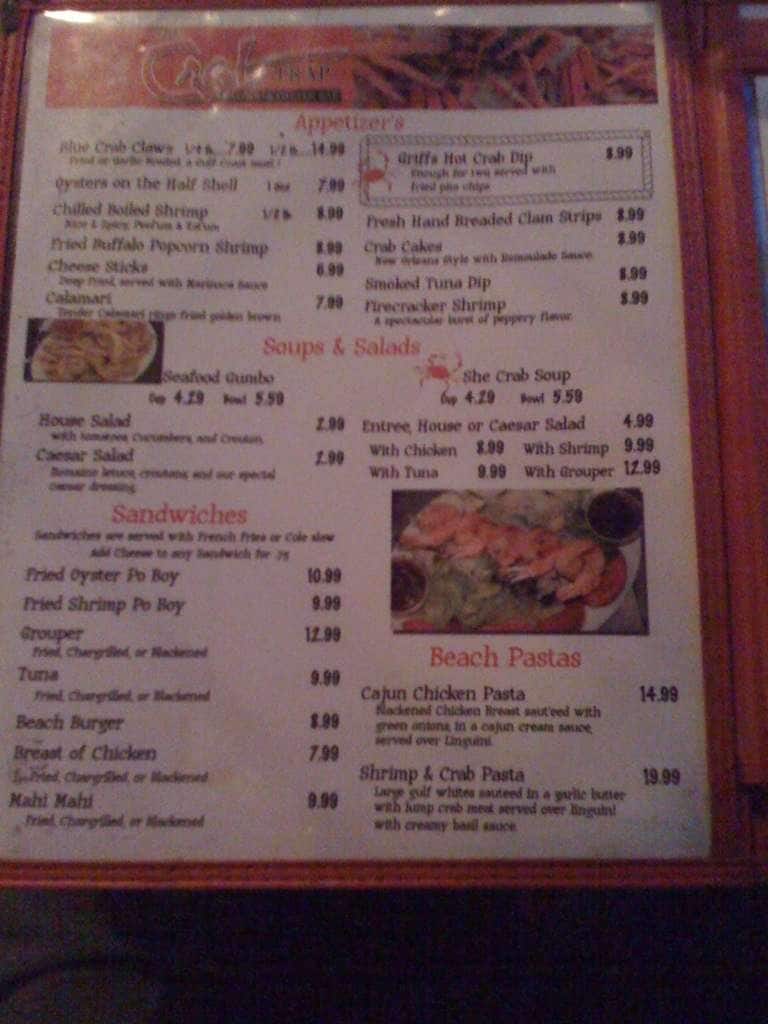 Menu at Crab Trap restaurant, Fort Walton Beach
