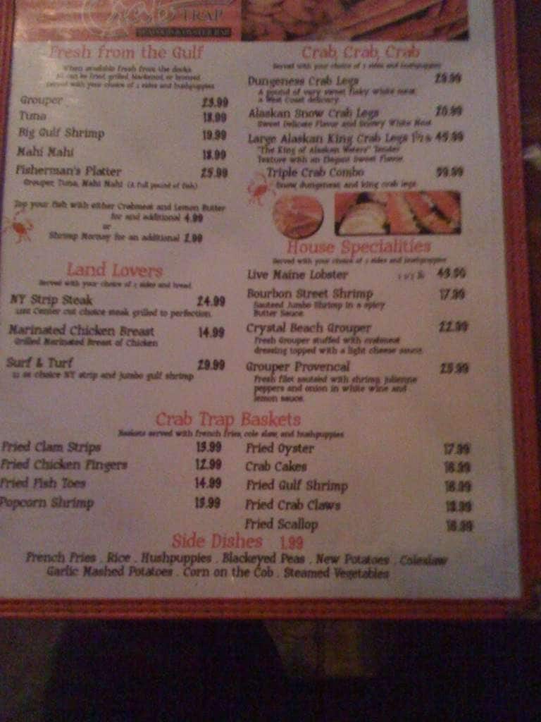 Menu at Crab Trap restaurant, Fort Walton Beach