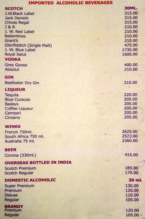 Menu of Sams Pub, Park Street Area, Kolkata
