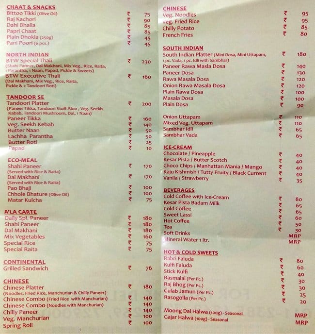 BTW Menu, Menu for BTW, Kamla Nagar, New Delhi - Zomato