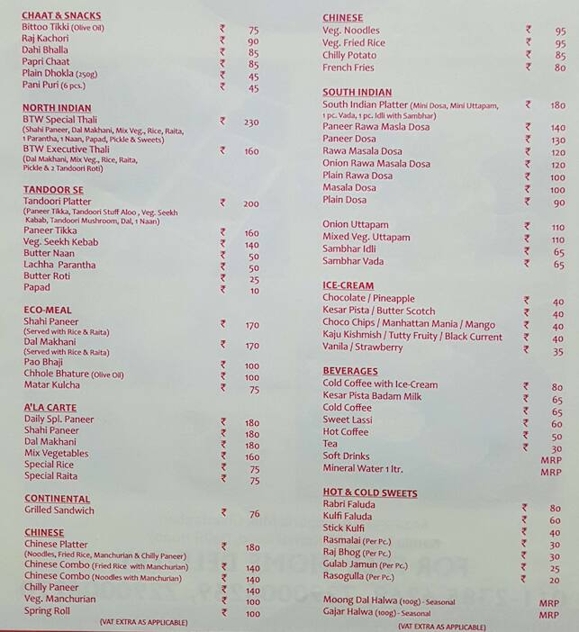 BTW Menu, Menu for BTW, Kamla Nagar, New Delhi - Zomato