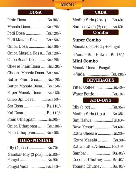 Menu at Namma Chennai Dosa Express, Guwahati, Balaji Temple