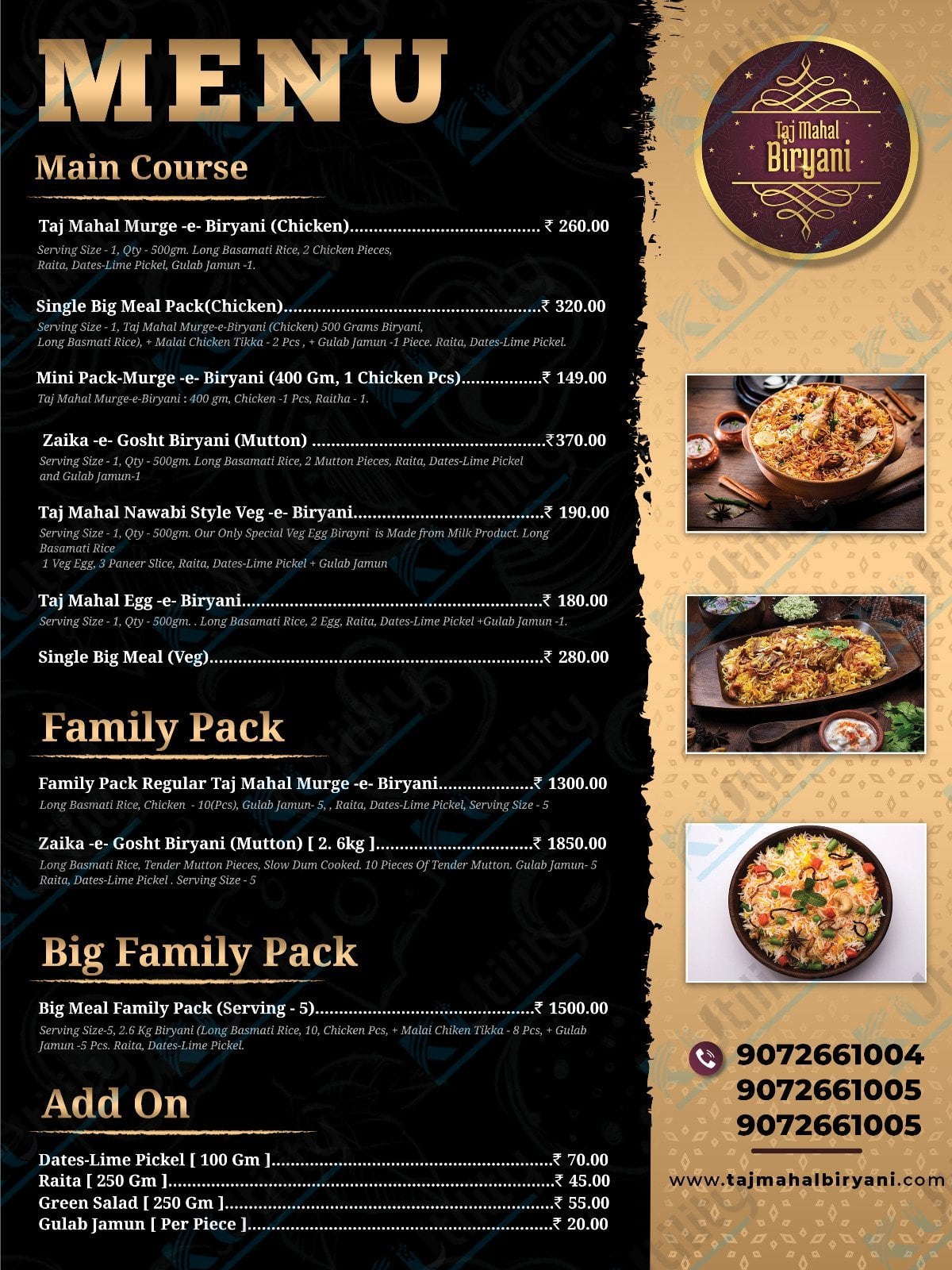 Menu of Taj Mahal Biryani, Panampilly Nagar, Kochi