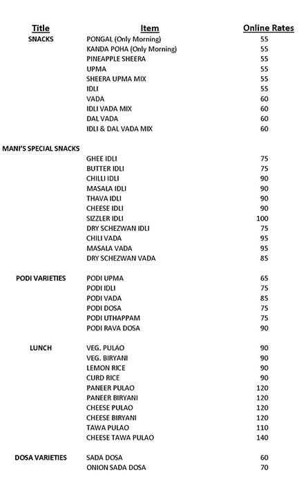 Menu at Mani's Cafe, Thane