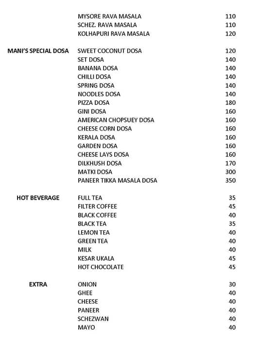 Menu at Mani's Cafe, Thane