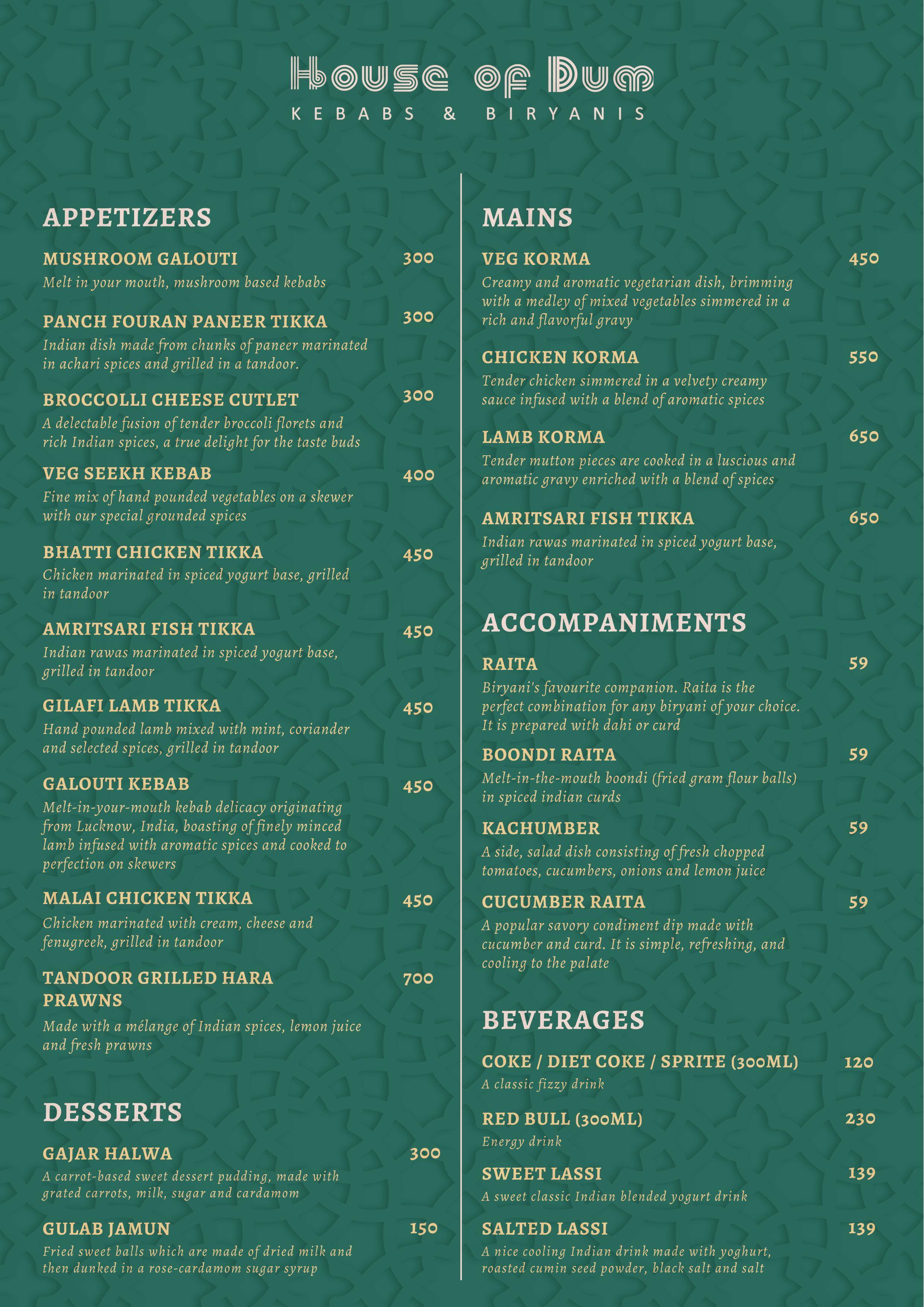 Menu of House Of Dum, Kurla, Mumbai