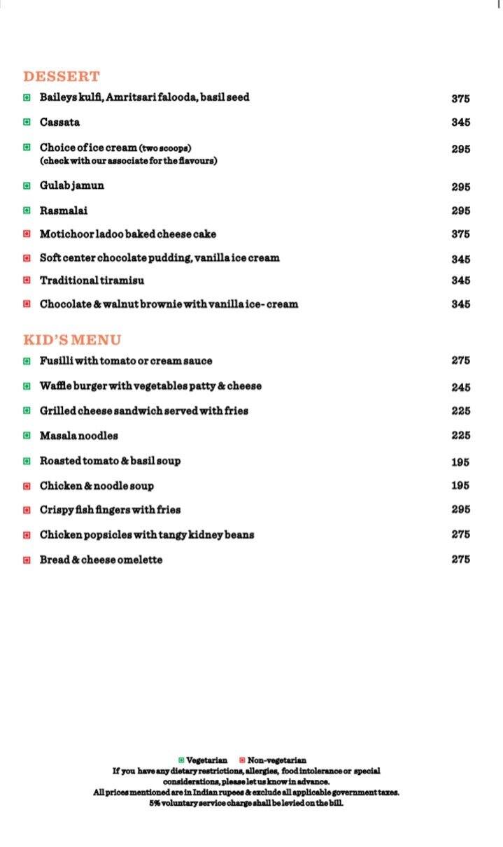 Menu at Punjab Province - Hyatt Regency Amritsar, India