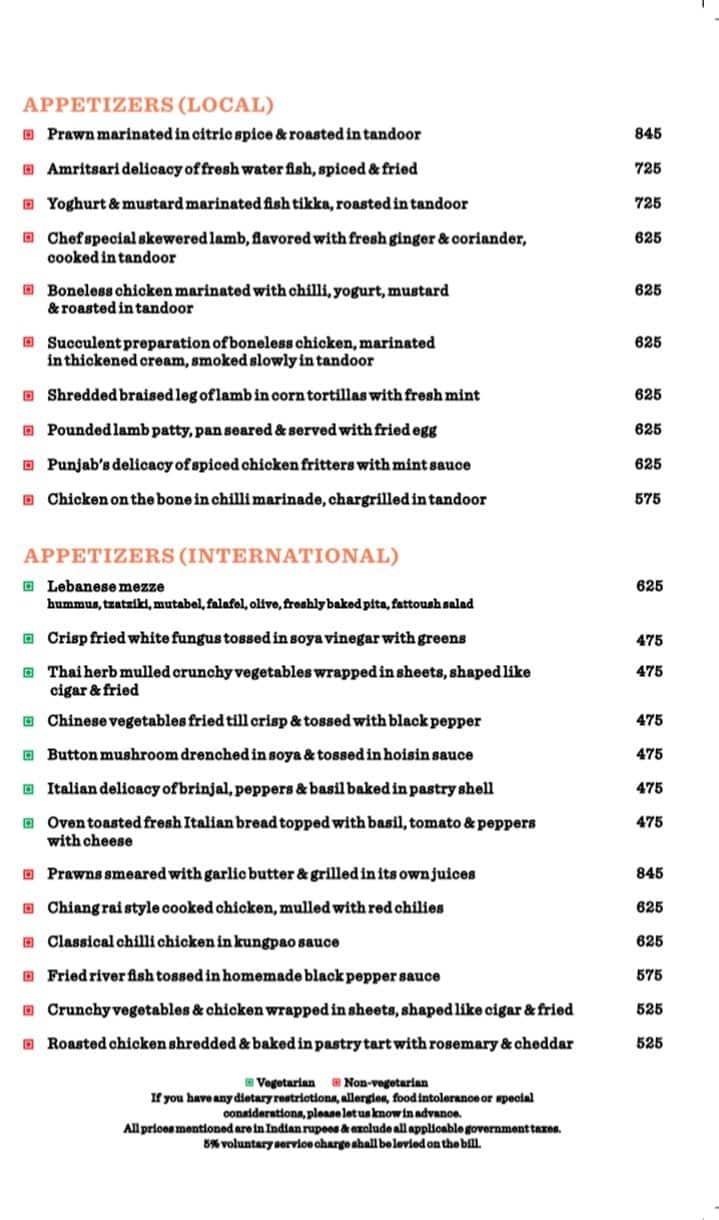 Menu at Punjab Province - Hyatt Regency Amritsar, India
