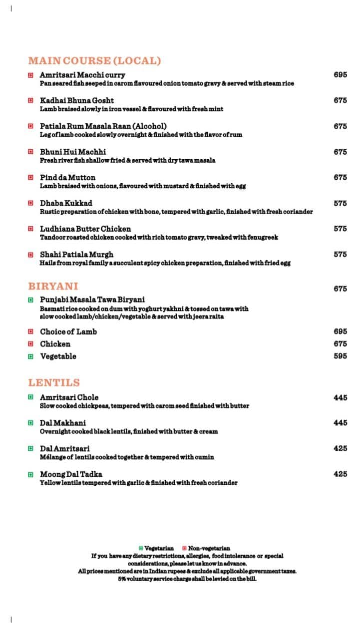 Menu at Punjab Province - Hyatt Regency Amritsar, India