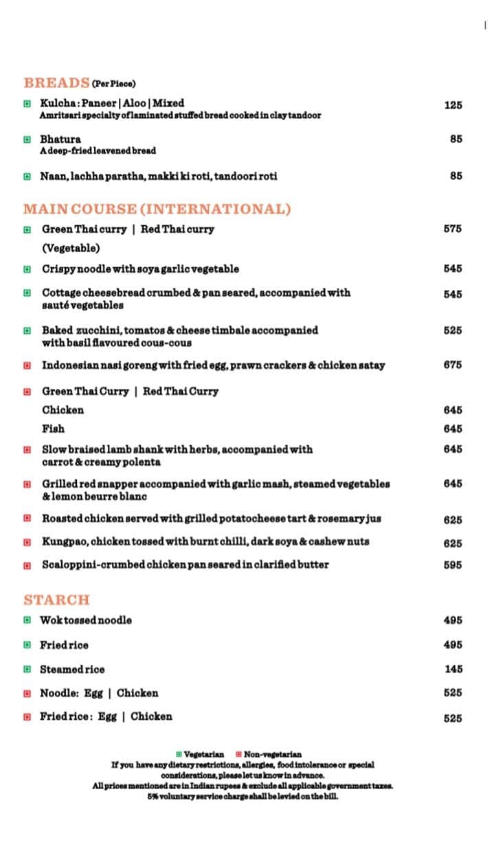 Menu at Punjab Province - Hyatt Regency Amritsar, India
