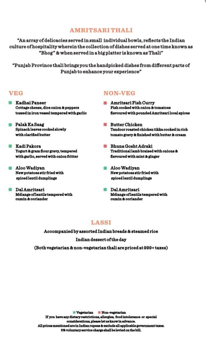 Menu at Punjab Province - Hyatt Regency Amritsar, India