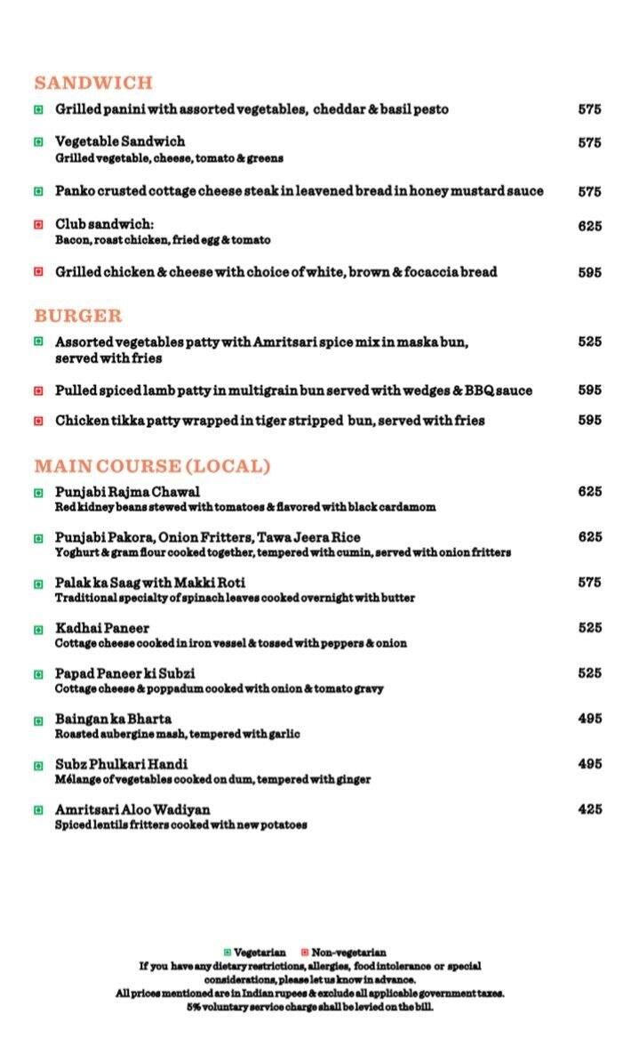 Menu at Punjab Province - Hyatt Regency Amritsar, India