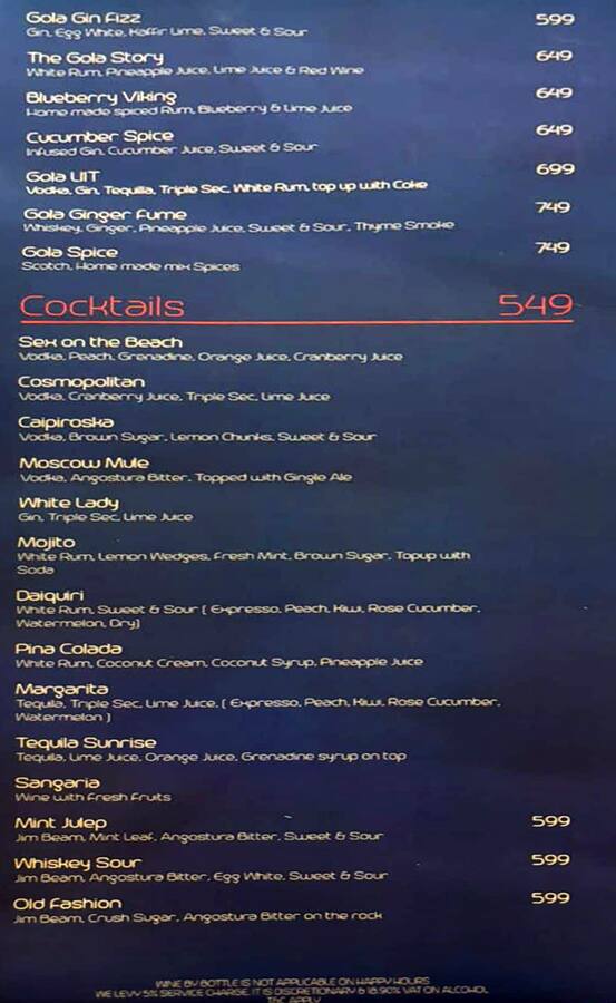 Menu of Gola Sizzlers - Naresh Gola Group, DLF Phase 3, Gurgaon