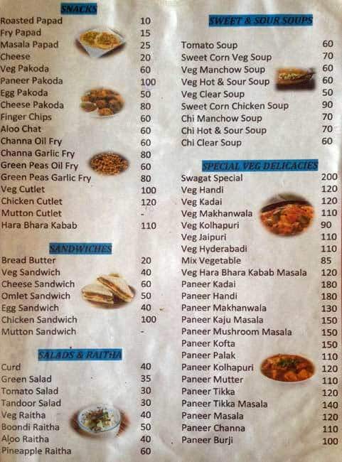 Menu of Swagat Restaurant, Virar, Mumbai