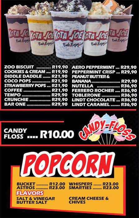 Menu at Kota Joe, Pretoria, Adverto Towers