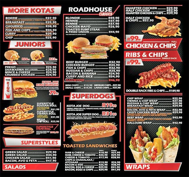 Menu at Kota Joe, Pretoria, Adverto Towers