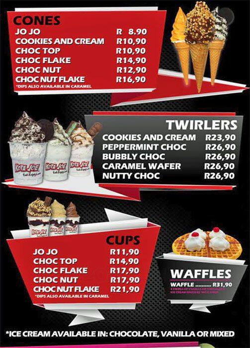 Menu at Kota Joe, Pretoria, Adverto Towers