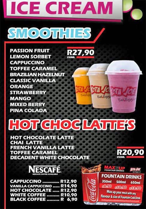 Menu at Kota Joe, Pretoria, Adverto Towers