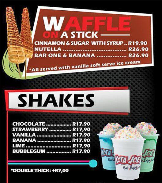 Menu at Kota Joe, Pretoria, Adverto Towers