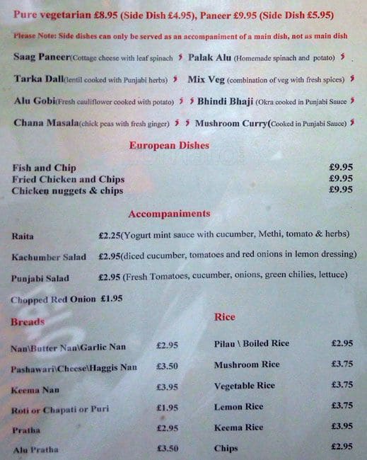 Menu at Royal Spice restaurant, Edinburgh